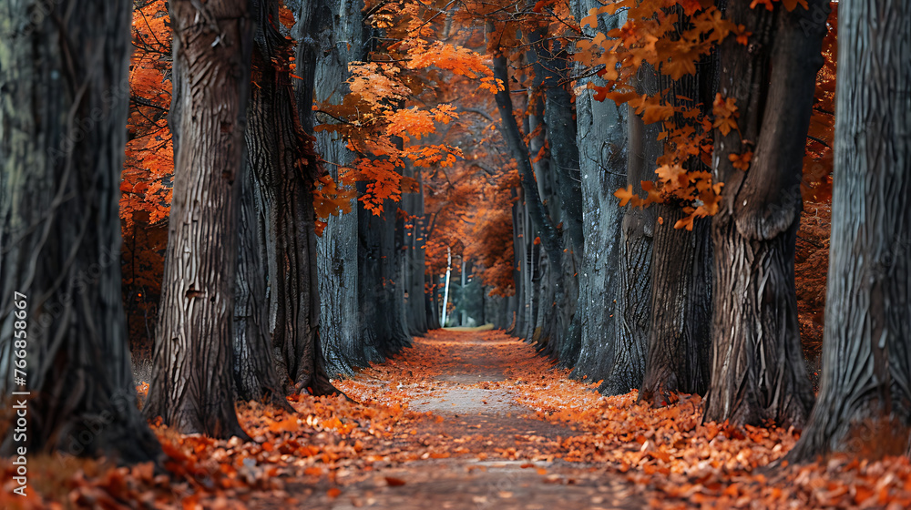 Pathway lined with autumn leaves and towering trees, showcasing the ...