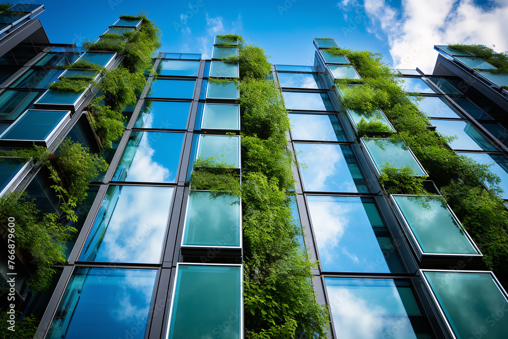 Eco-friendly building in the modern city. Sustainable glass office ...