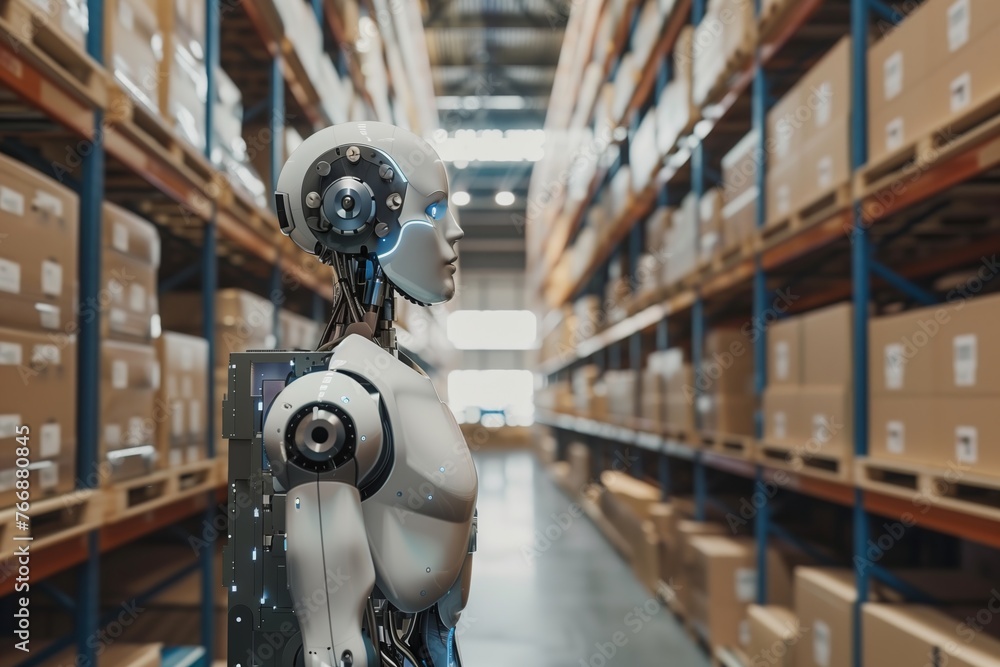 Futuristic android robot navigating and working with tablet in modern ...