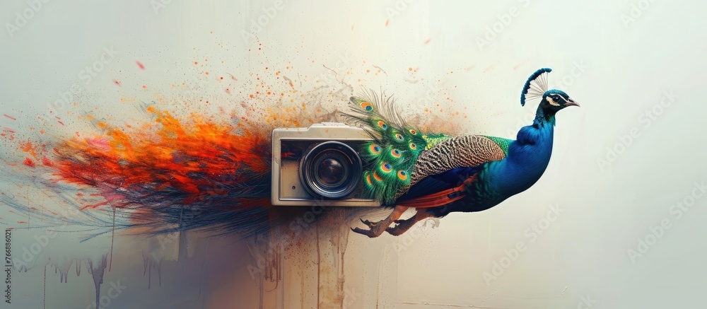 A majestic peacock takes flight from a polaroid camera, bringing photos ...