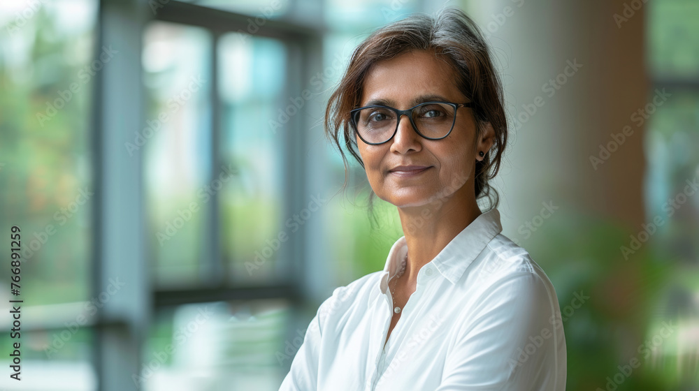 Beautiful 45 years old gentle Indian brunette woman, wearing glasses ...