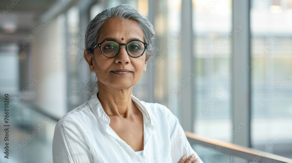 Beautiful 45 years old gentle Indian brunette woman, wearing glasses ...