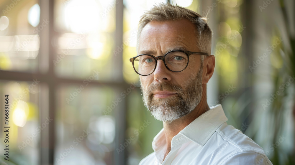 Handsome 45 years old gentle blond hair caucasian man, wearing glasses ...
