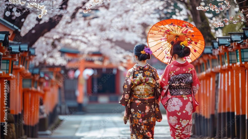 During peak cherry blossom season, Japanese ladies in traditional ...