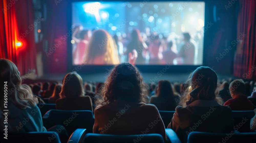 Group of people, view from the back, sitting in big cinema, watching an ...