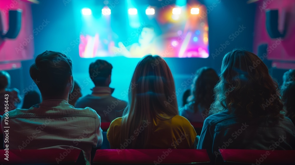 Group of people, view from the back, sitting in big cinema, watching an ...