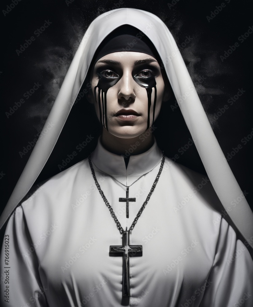 A stoic nun is depicted with bold black tears, her gaze set beyond the ...