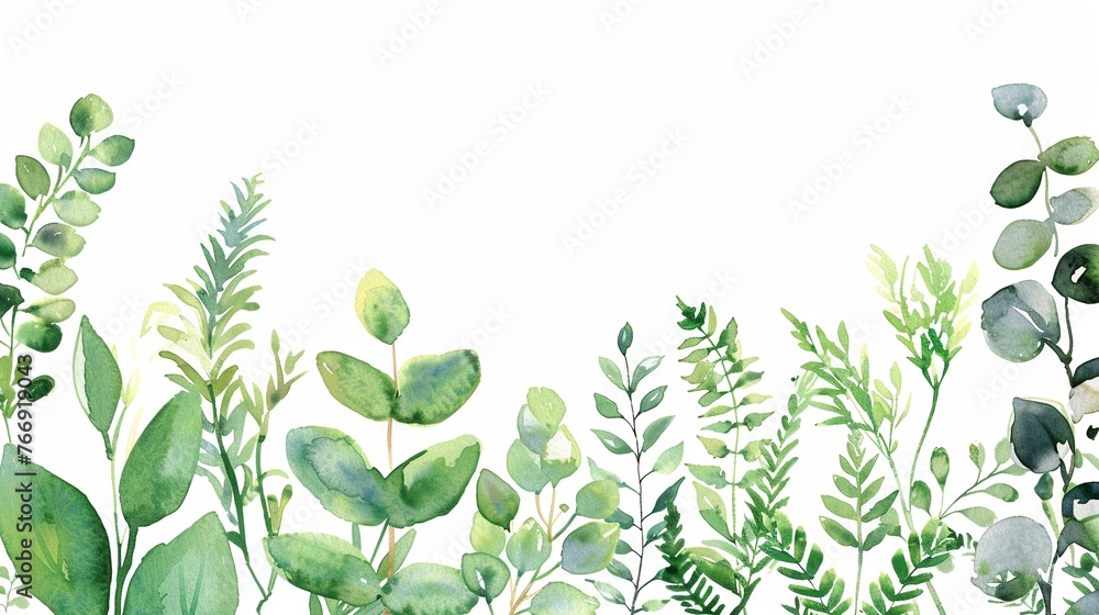 Vibrant Watercolor Greenery border clipart, a harmonious blend of ferns ...