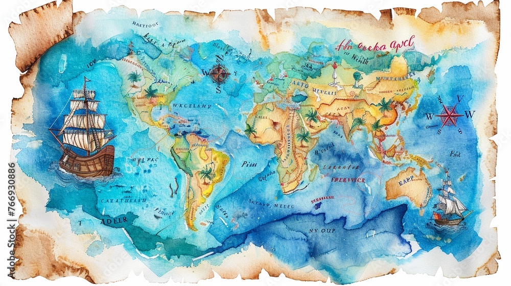 Adventurous watercolor pirate map, clipart isolated, for little ...