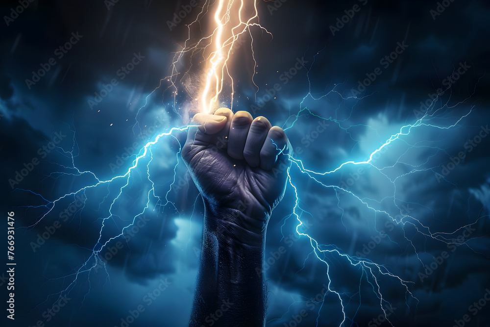 Hand holding up a lightning bolt. Energy and power. Stormy background ...