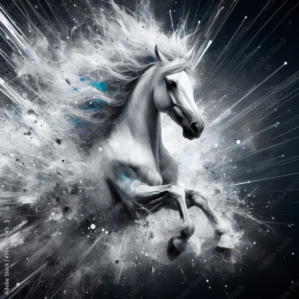 An artistic representation captures a white stallion in dynamic motion ...