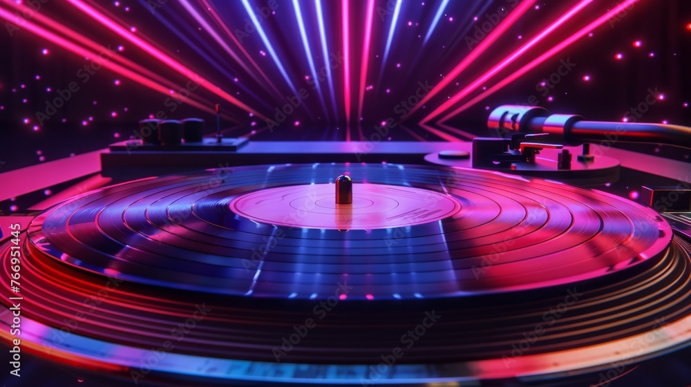 This 3D animation captures a vintage turntable and vinyl record, bathed ...