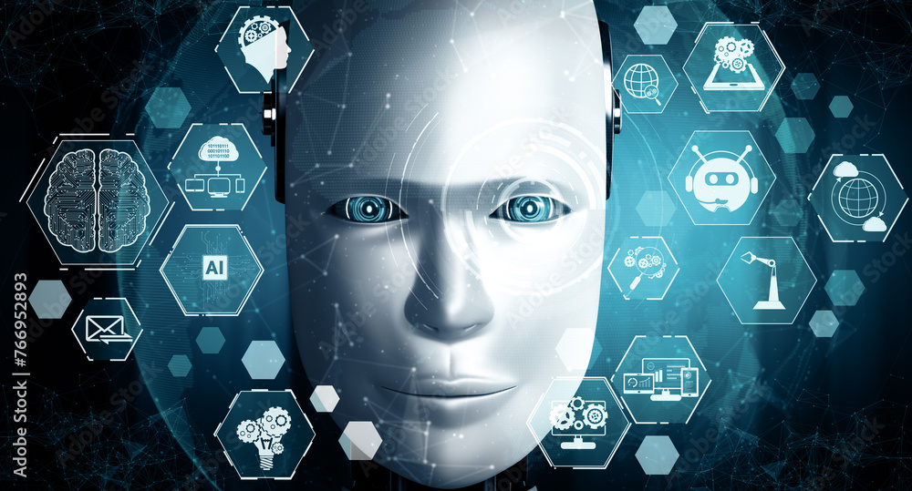 XAI 3d illustration Robot humanoid face close up with graphic concept of AI thinking brain ...
