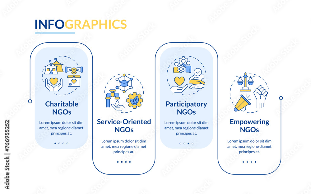 Categories of NGOs blue rectangle infographic template. Data ...