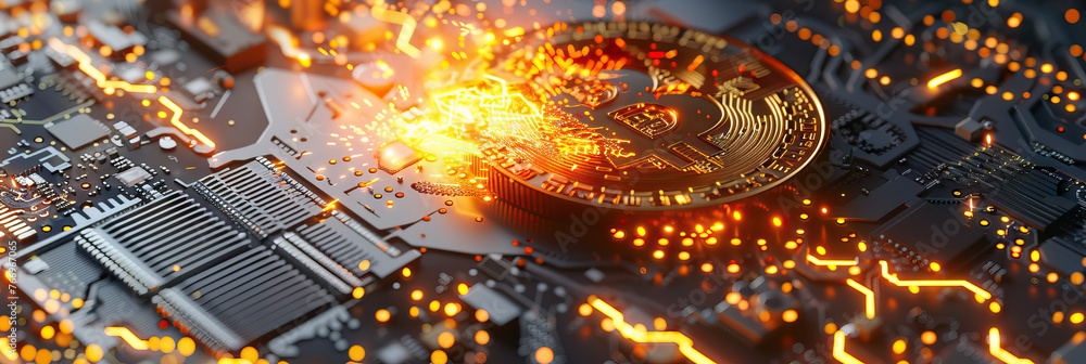 A Bitcoin coin split by dynamic sparks on a circuit board signifies ...