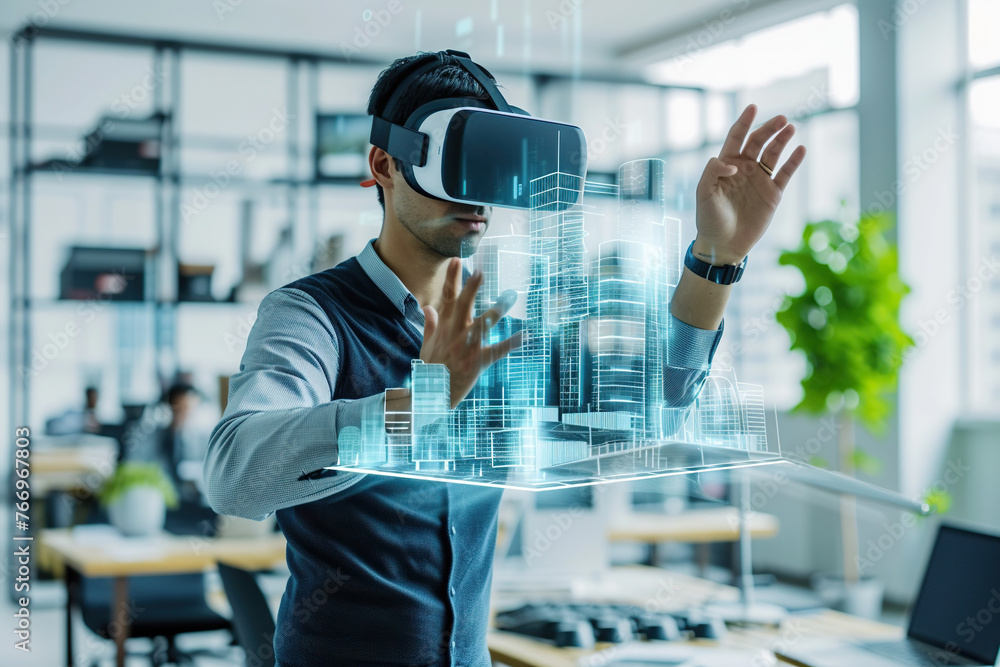 Futuristic Architectural Engineer Wearing Augmented Reality Headset, Uses Gestures to Create 3D ...