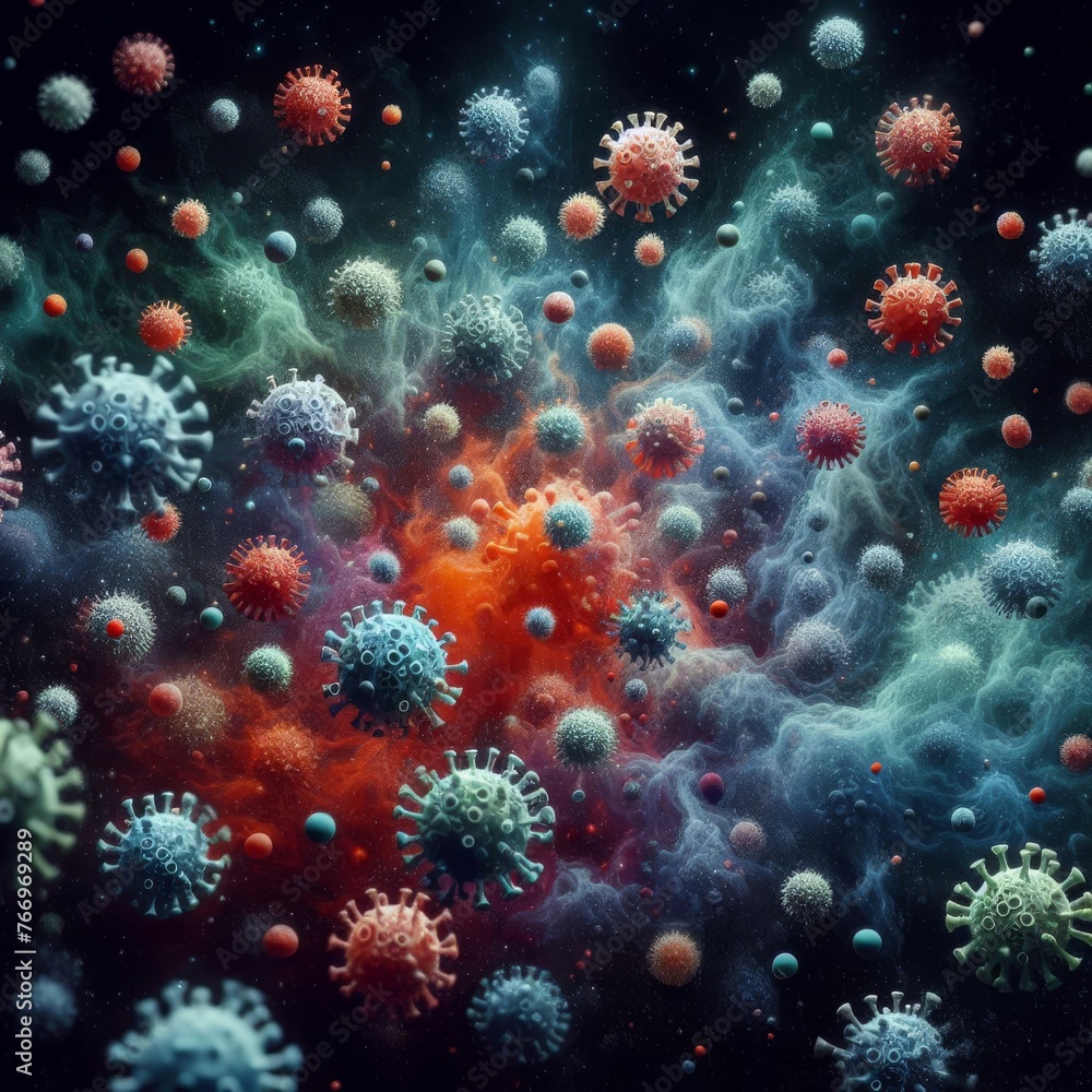 An artistic representation of various viruses at a microscopic level ...