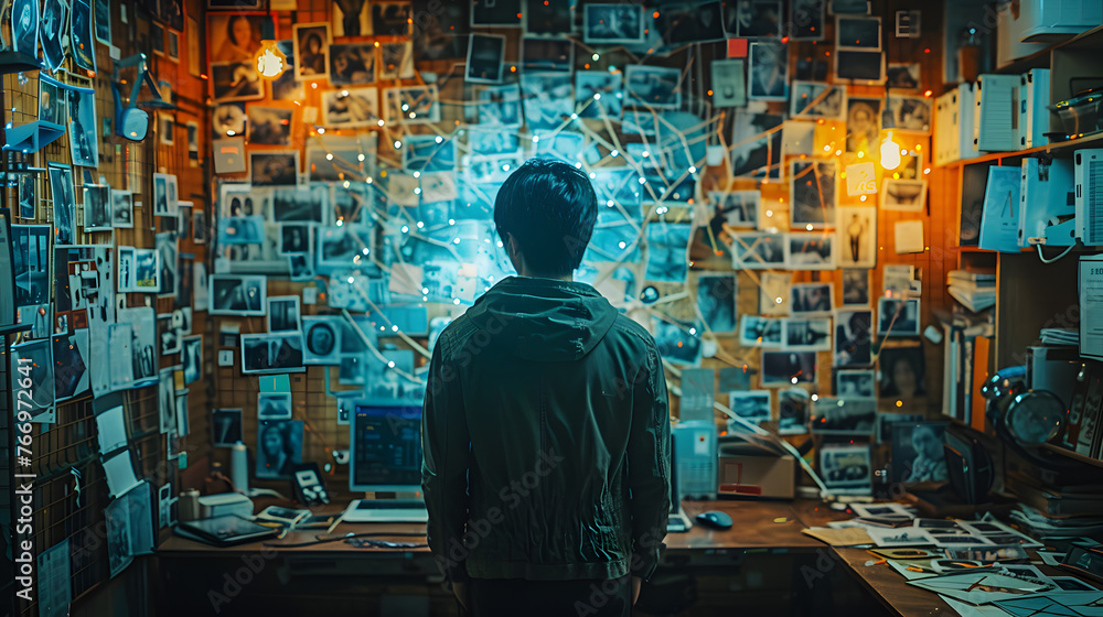 A detective stands before an intricate web of clues and connections ...