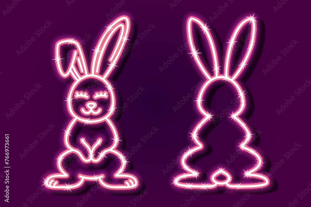 Neon bunnies front and backside. Glowing pink neon rabbits shining in a ...