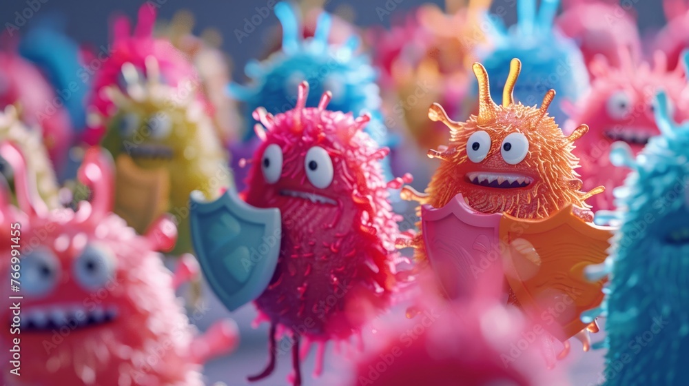 Create a 3D model of good bacteria characters holding shields ...