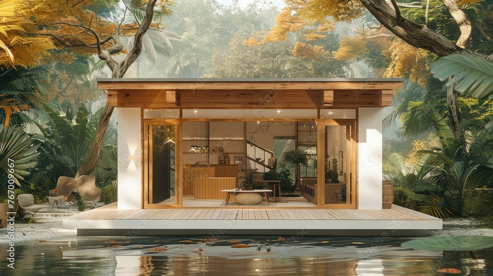 Small wood and glass pop up store in the middle of nature, white walls ...