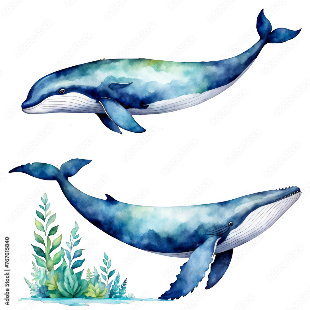 2 Whales watercolor painting, cute blue whale, marine animal, vector ...