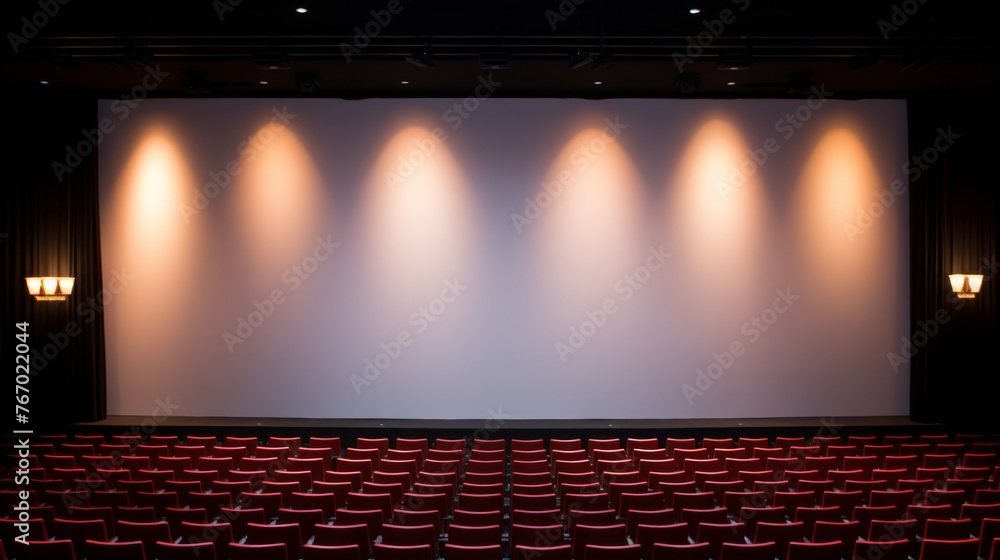 Empty movie theater with a white screen and small lamps with dimmed ...