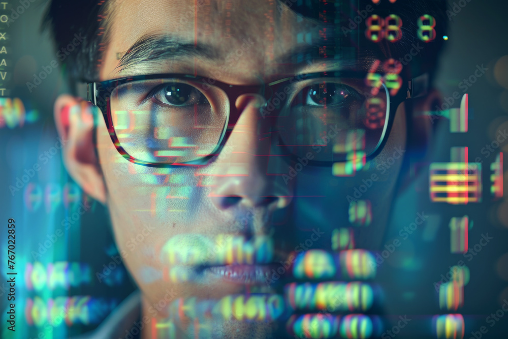 frontal portrait of an Asian male data analyst wearing glasses with ...