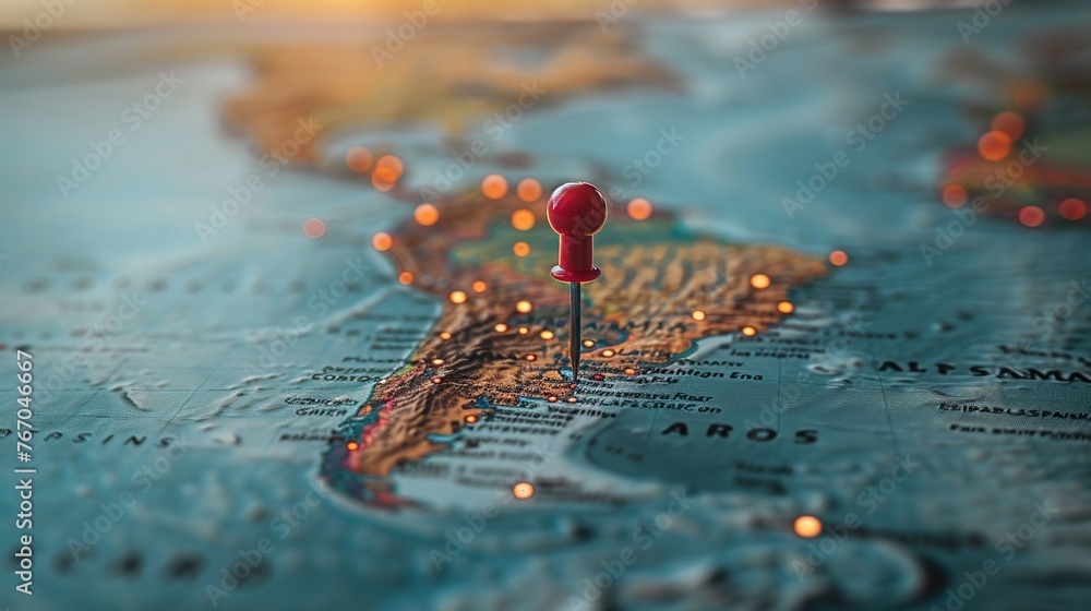 Draw-pin inserted into a real map, identifying the final destination ...