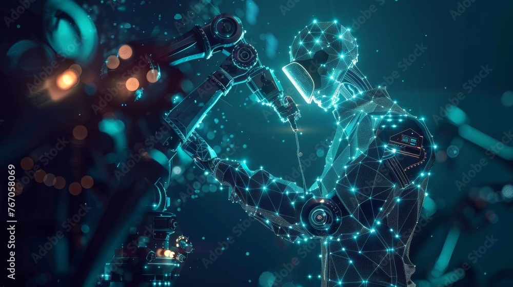 Stock-Illustration „Inventor holding tablet and controlling robotic arm ...