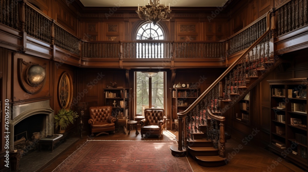 Grand two-story colonial estate library with ornate millwork balcony ...