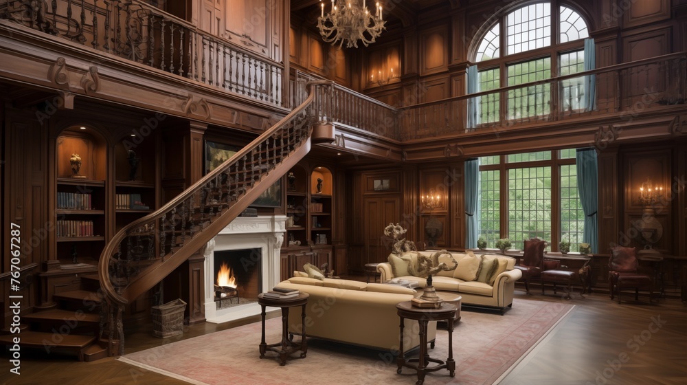 Grand two-story colonial-style wood paneled library with ornate ...