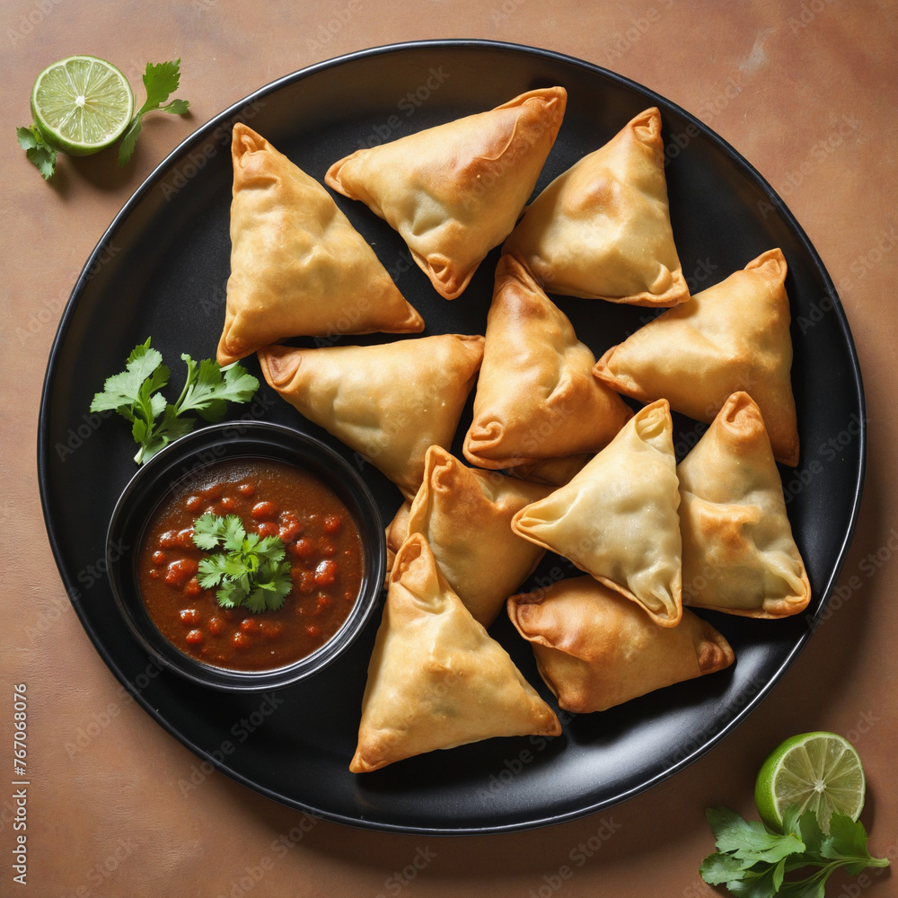 Indian samosas png on a black plate, delicious vegetarian samosa with ...