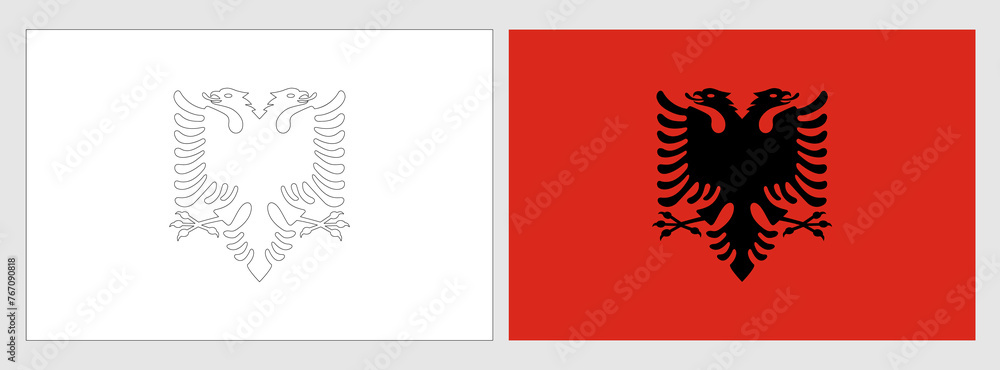 Albania flag - coloring page. Set of white wireframe thin black outline ...