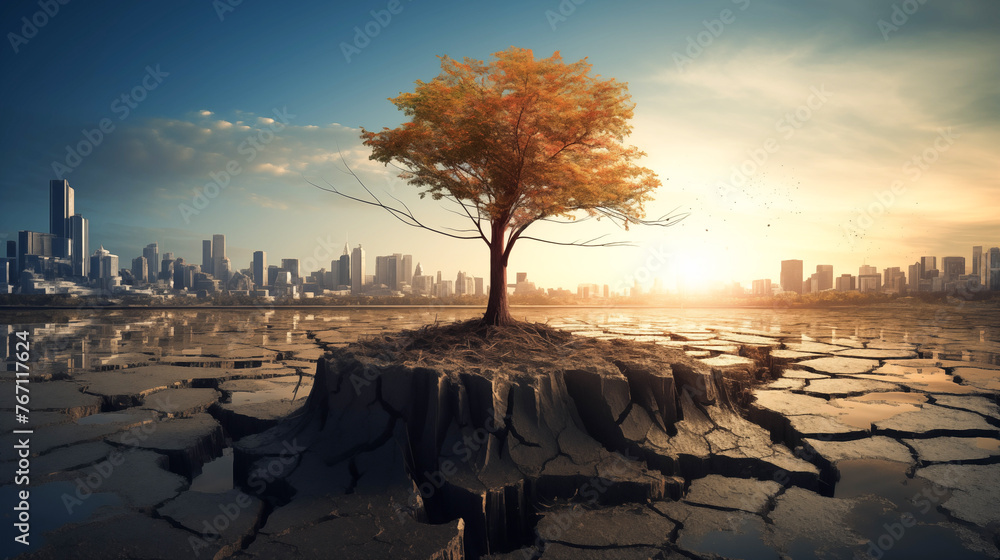 A tree surviving in dry, polluted soil, growing amidst cracked ground ...