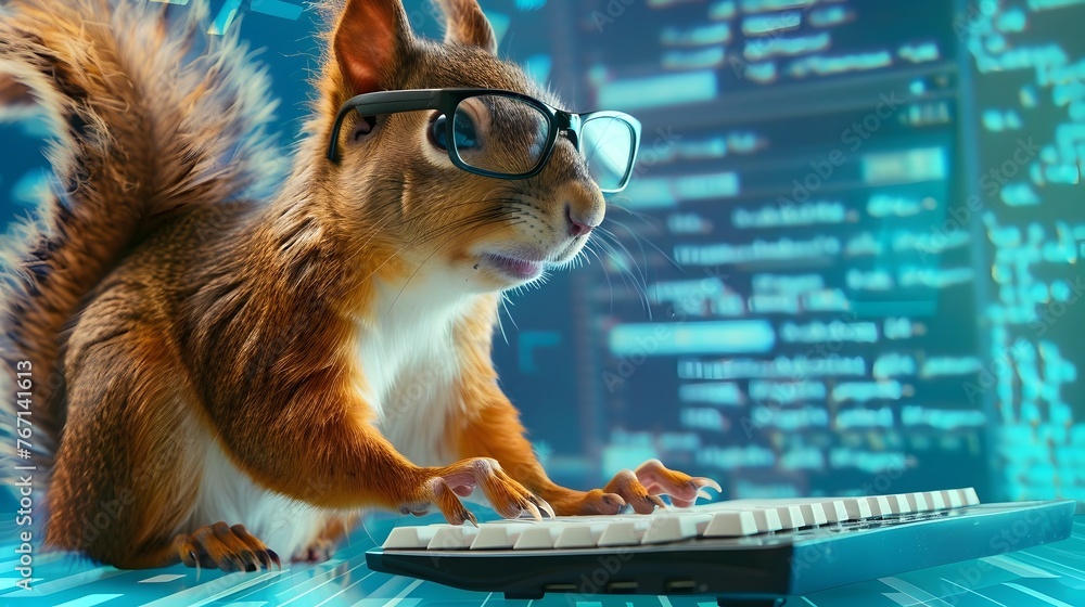 Squirrel Tech Whiz Working on Digital Computer with Glasses in Modern Technological Setting ...