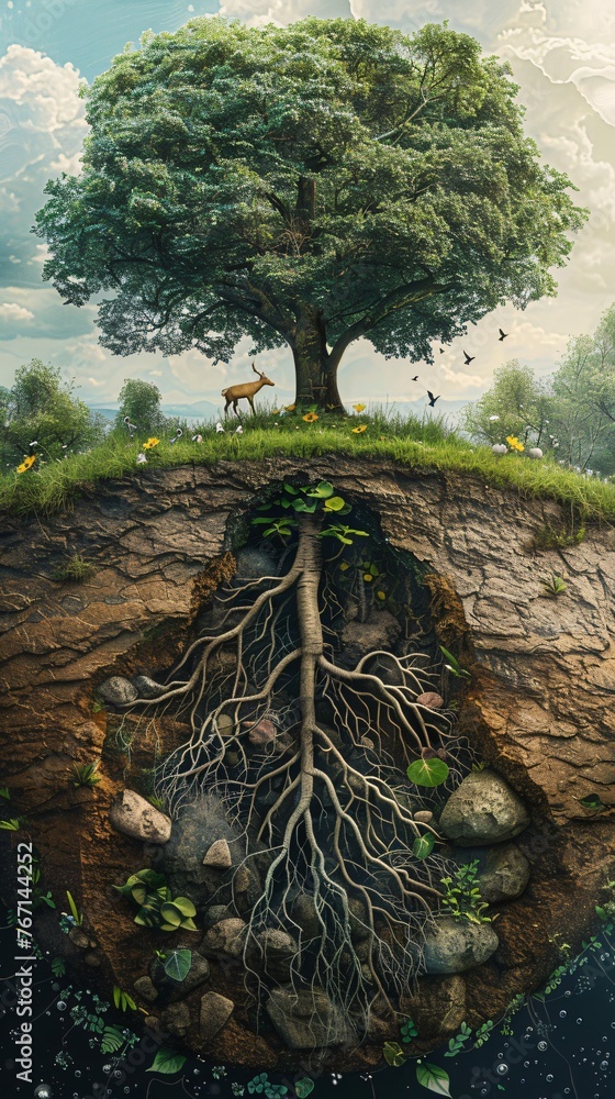A cross section view of the earth revealing a trees roots branching out ...