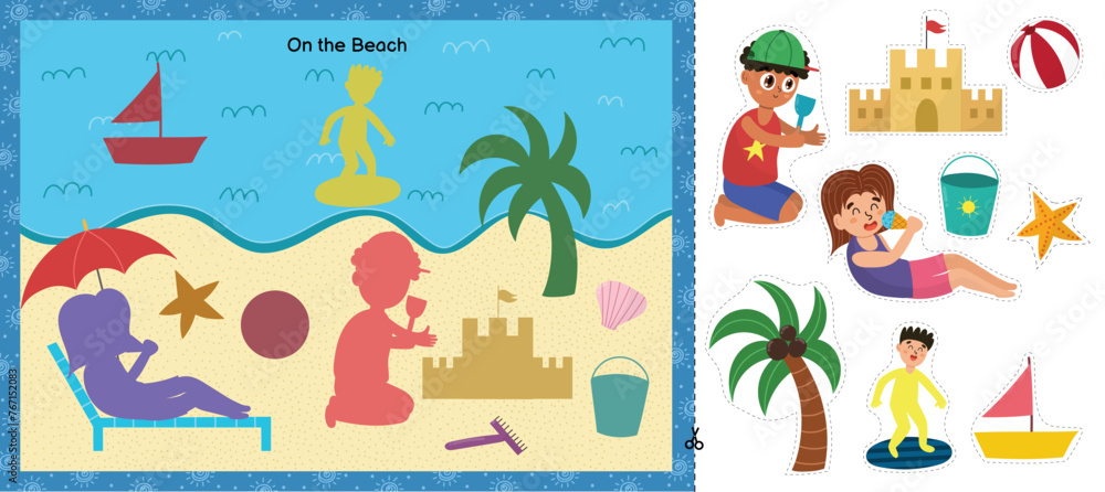 On the beach matching game for kids. Summer cut and glue activity page ...