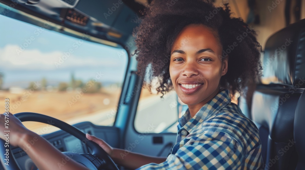 /imagine prompt: Truck Driver, A confident woman behind the wheel of a ...