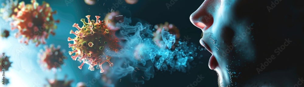 Dynamic illustration of a sneeze, showing the expulsion of viruses and ...