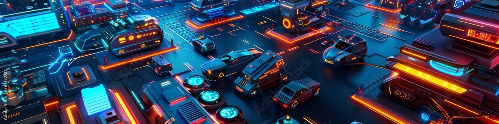 An animated 3D model of a neon-infused military base in the future ...