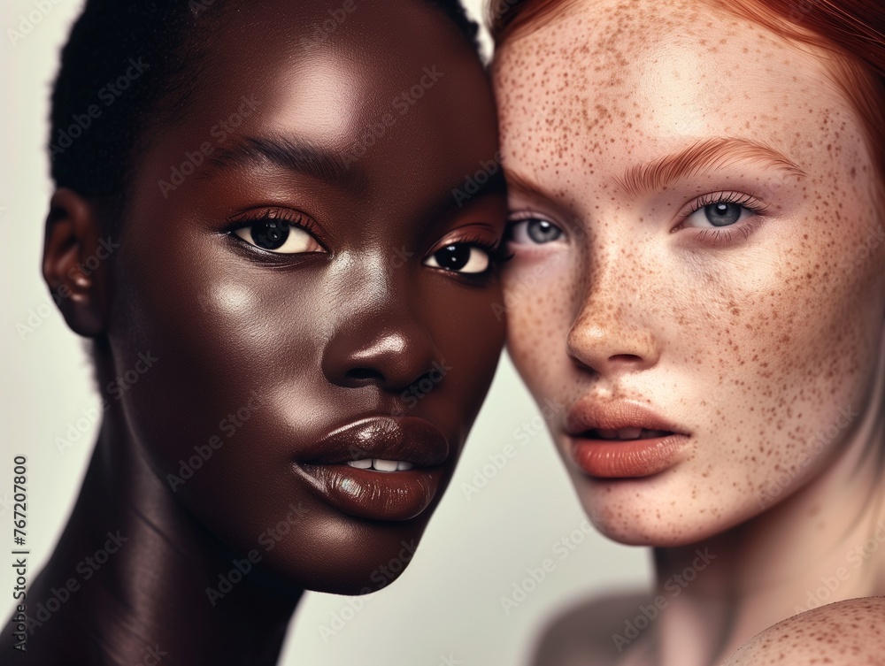Portrait of two women, black with dark skin and red hair with pale ...