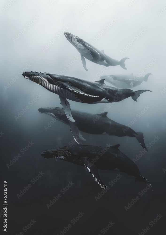 the surreal beauty of a realistic photo capturing several humpback ...