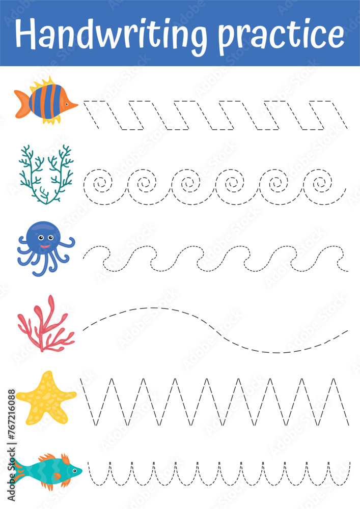 Tracing lines for children with with tropical fish elements ...
