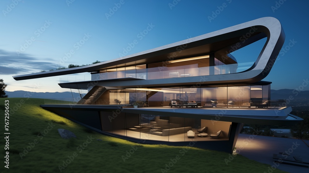 Ultra-modern sculptural home with cantilevered roof overhangs ...