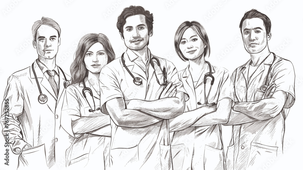 Hospital team, ambulance staff sketch engraving style. Young doctors ...