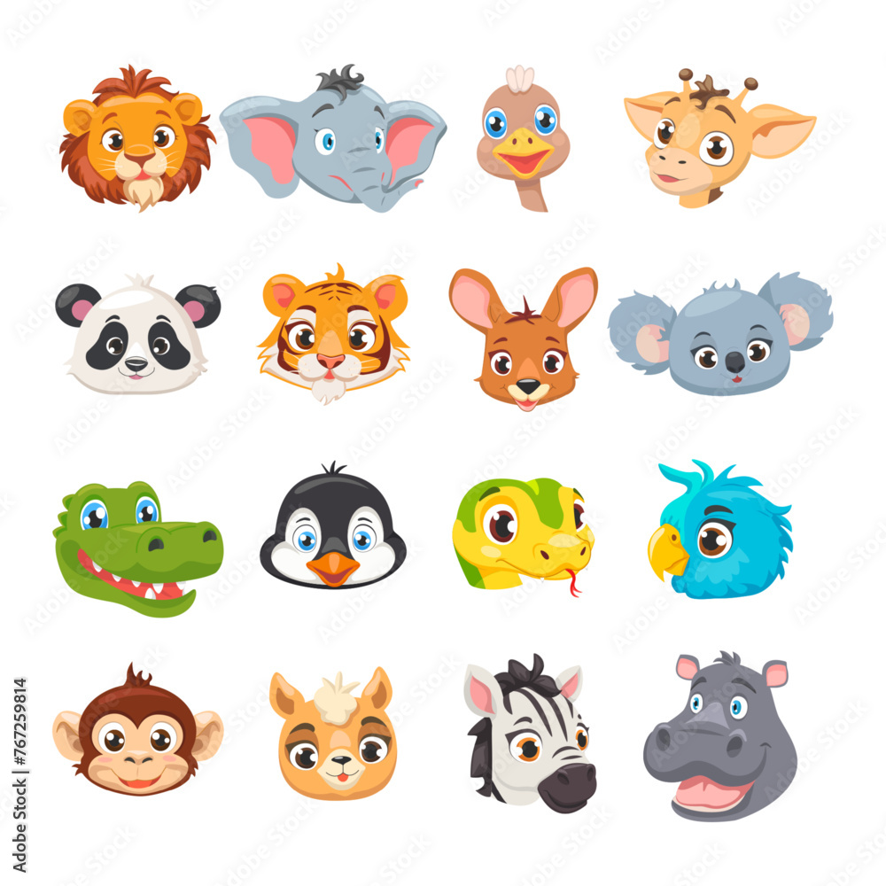 Cute cartoon wild animal heads, jungle animals, baby safari animal ...