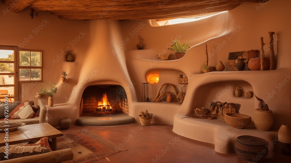 Southwest adobe home with viga ceilings and kiva fireplaces. Stock ...