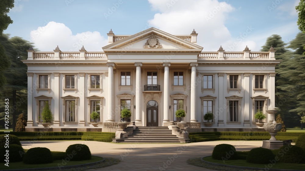 Stately Georgian mansion with symmetrical facades and classical columns ...