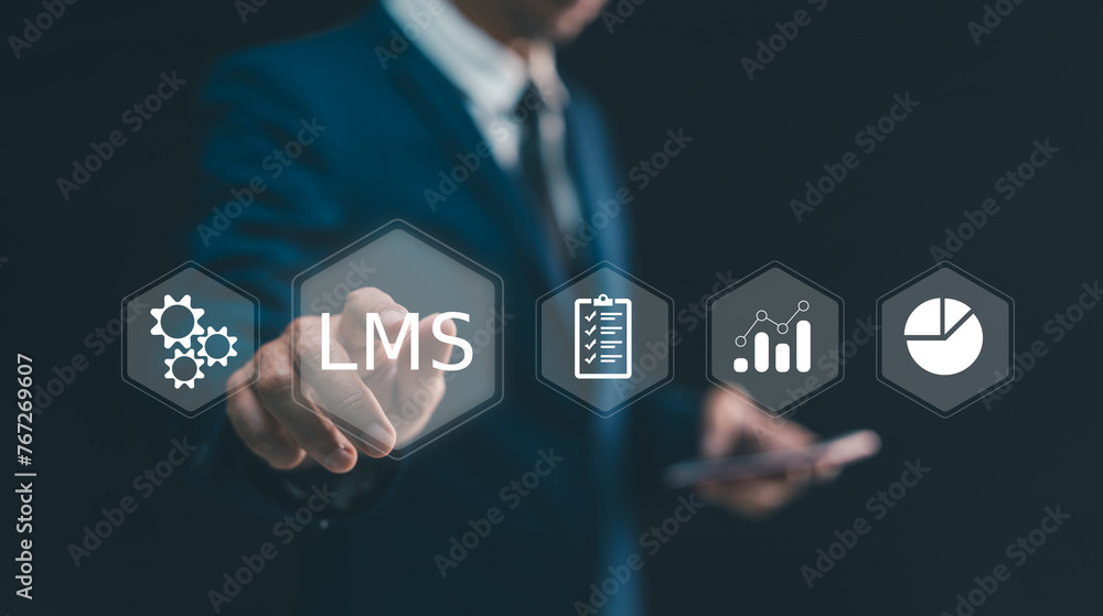 LMS, Learning management system concept. Man hand touching virtual ...